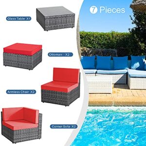 Walsunny 7pcs Patio Outdoor Furniture Sets,Low Back All-Weather Silver Gray Rattan Sectional Sofa with Tea Table&Washable Couch Cushions&Ottoman,Red