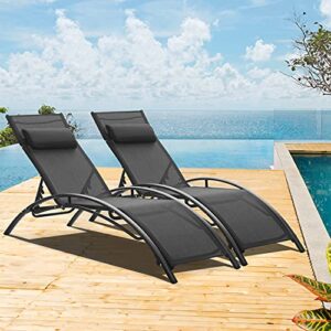 Ainfox Outdoor Chaise Lounge Chairs, Patio Adjustable Lounge Chairs Set of 2, Beach Pool Sunbathing Lawn Lounger Recliner Chair with Armrest and Removable Cushions(Black)