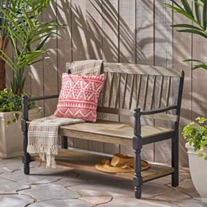 Christopher Knight Home Daphne Outdoor Acacia Wood Bench with Shelf, Gray and Black Finish