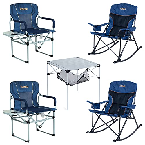 iClimb 2 Padded Rocking Folding Chair and 2 Heavy Duty Compact Folding Chair and 1 Folding Square Table Bundle for Four Person Camping Patio Porch Backyard Lawn Garden Balcony Indoor Outdoor