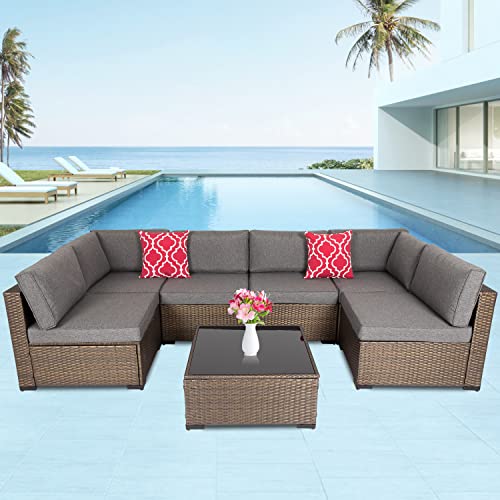 kinbor Outdoor Patio Furniture Set - 7 Pieces Outdoor Sectional Sofa, PE Rattan Wicker Patio Couch, Conversation Set with Coffee Table, Cushions for Porch, Backyard, Pool, Deck, Dark Grey