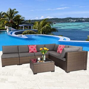 kinbor Outdoor Patio Furniture Set - 7 Pieces Outdoor Sectional Sofa, PE Rattan Wicker Patio Couch, Conversation Set with Coffee Table, Cushions for Porch, Backyard, Pool, Deck, Dark Grey