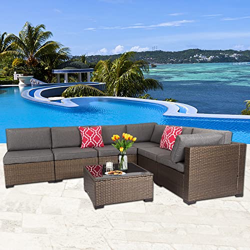 kinbor Outdoor Patio Furniture Set - 7 Pieces Outdoor Sectional Sofa, PE Rattan Wicker Patio Couch, Conversation Set with Coffee Table, Cushions for Porch, Backyard, Pool, Deck, Dark Grey