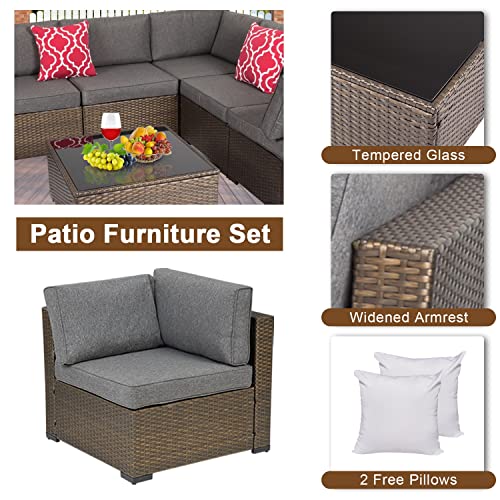 kinbor Outdoor Patio Furniture Set - 7 Pieces Outdoor Sectional Sofa, PE Rattan Wicker Patio Couch, Conversation Set with Coffee Table, Cushions for Porch, Backyard, Pool, Deck, Dark Grey