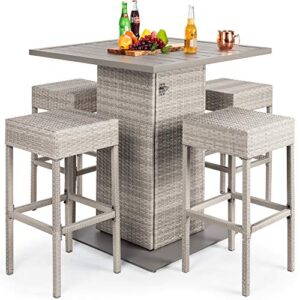 best choice products 5-piece outdoor wicker bar table set for patio, poolside, backyard w/built-in bottle opener, hidden storage shelf, metal tabletop, 4 stools – gray