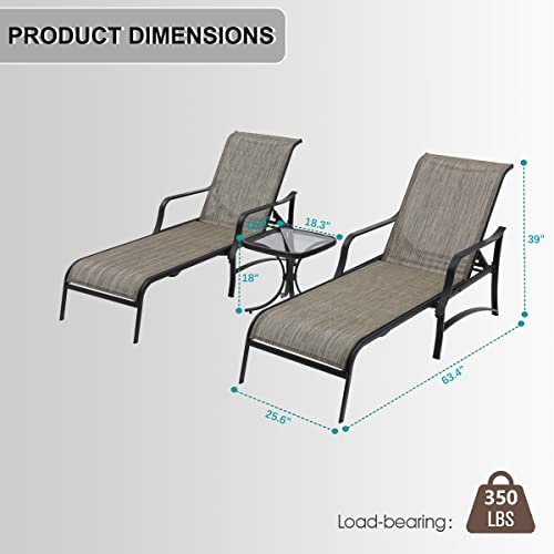 TOP HOME SPACE 3-Piece Patio Chaise Lounge Chair Set Metal Adjustable Back Textilene Outdoor Lounger with Glass Top Bistro Table for Porch Backyard Garden - Taupe Brown Grey