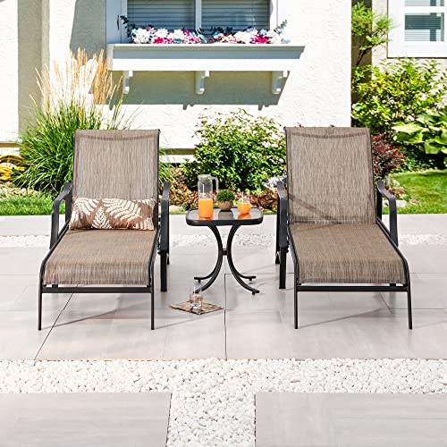 TOP HOME SPACE 3-Piece Patio Chaise Lounge Chair Set Metal Adjustable Back Textilene Outdoor Lounger with Glass Top Bistro Table for Porch Backyard Garden - Taupe Brown Grey