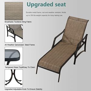 TOP HOME SPACE 3-Piece Patio Chaise Lounge Chair Set Metal Adjustable Back Textilene Outdoor Lounger with Glass Top Bistro Table for Porch Backyard Garden - Taupe Brown Grey