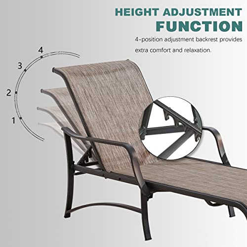 TOP HOME SPACE 3-Piece Patio Chaise Lounge Chair Set Metal Adjustable Back Textilene Outdoor Lounger with Glass Top Bistro Table for Porch Backyard Garden - Taupe Brown Grey