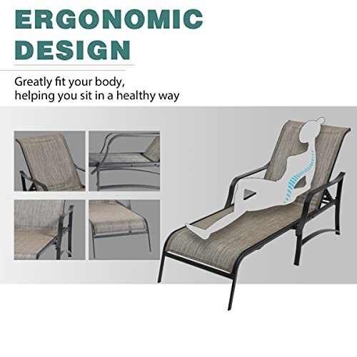 TOP HOME SPACE 3-Piece Patio Chaise Lounge Chair Set Metal Adjustable Back Textilene Outdoor Lounger with Glass Top Bistro Table for Porch Backyard Garden - Taupe Brown Grey