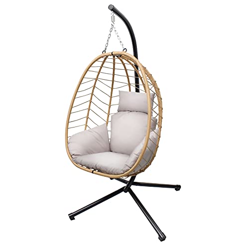 VARVIND Hammock Chair,Swing Egg Chiar with Stand and Cushions, Pillow, Foldable Wicker Rattan Hanging Egg Chair,Adjustable Height ,Anti-UV&Waterproof, Indoor and Outdoor Use,286Lbs(Beige)