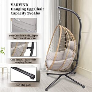 VARVIND Hammock Chair,Swing Egg Chiar with Stand and Cushions, Pillow, Foldable Wicker Rattan Hanging Egg Chair,Adjustable Height ,Anti-UV&Waterproof, Indoor and Outdoor Use,286Lbs(Beige)