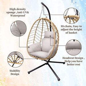 VARVIND Hammock Chair,Swing Egg Chiar with Stand and Cushions, Pillow, Foldable Wicker Rattan Hanging Egg Chair,Adjustable Height ,Anti-UV&Waterproof, Indoor and Outdoor Use,286Lbs(Beige)