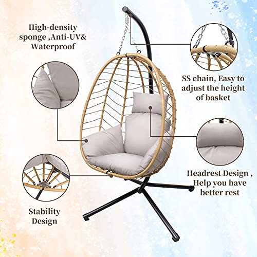 VARVIND Hammock Chair,Swing Egg Chiar with Stand and Cushions, Pillow, Foldable Wicker Rattan Hanging Egg Chair,Adjustable Height ,Anti-UV&Waterproof, Indoor and Outdoor Use,286Lbs(Beige)