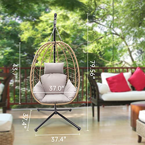 VARVIND Hammock Chair,Swing Egg Chiar with Stand and Cushions, Pillow, Foldable Wicker Rattan Hanging Egg Chair,Adjustable Height ,Anti-UV&Waterproof, Indoor and Outdoor Use,286Lbs(Beige)