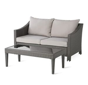 christopher knight home antibes outdoor wicker loveseat and table set with water resistant cushions, 2-pcs set, grey / silver