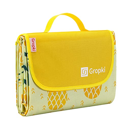 Gropki Extra Large 80"x 60"Outdoor Multifunctional Foldable Picnic Blanket, Dual Layers Waterproof and Sandproof for Camping, Beach, Park, Patio on Grass. 80"x 60" 1Pcs (Pineapple