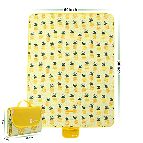 Gropki Extra Large 80"x 60"Outdoor Multifunctional Foldable Picnic Blanket, Dual Layers Waterproof and Sandproof for Camping, Beach, Park, Patio on Grass. 80"x 60" 1Pcs (Pineapple