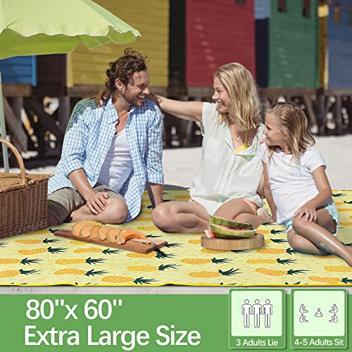 Gropki Extra Large 80"x 60"Outdoor Multifunctional Foldable Picnic Blanket, Dual Layers Waterproof and Sandproof for Camping, Beach, Park, Patio on Grass. 80"x 60" 1Pcs (Pineapple