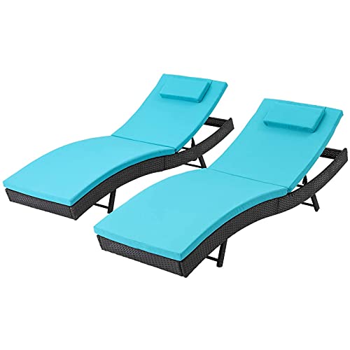 Patiomore Outdoor Lounge Chair, Patio Wicker Adjustable Backrest Double Chaise Lounge with Thick Blue Cushion for Beach Pool Yard, 2 Pack