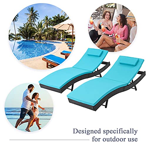 Patiomore Outdoor Lounge Chair, Patio Wicker Adjustable Backrest Double Chaise Lounge with Thick Blue Cushion for Beach Pool Yard, 2 Pack