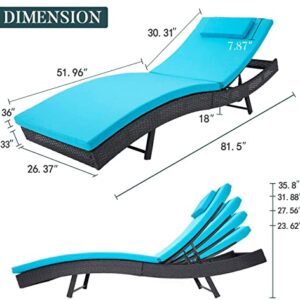 Patiomore Outdoor Lounge Chair, Patio Wicker Adjustable Backrest Double Chaise Lounge with Thick Blue Cushion for Beach Pool Yard, 2 Pack