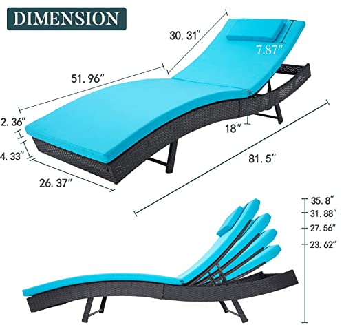 Patiomore Outdoor Lounge Chair, Patio Wicker Adjustable Backrest Double Chaise Lounge with Thick Blue Cushion for Beach Pool Yard, 2 Pack