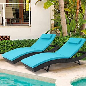 Patiomore Outdoor Lounge Chair, Patio Wicker Adjustable Backrest Double Chaise Lounge with Thick Blue Cushion for Beach Pool Yard, 2 Pack