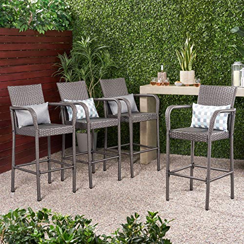 Christopher Knight Home Delfina Outdoor Wicker Barstools, 4-Pcs Set, Grey