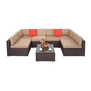 new outdoor courtyard modular furniture set 7-piece rattan sofa, rattan garden deep seat dialogue sofa with seat cushion tempered glass table