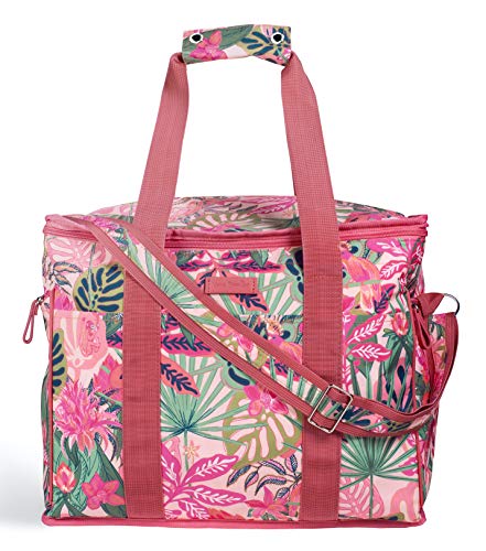 Vera Bradley Leak Resistant Insulated Cooler Bag Large Capacity, Soft Sided Collapsible Cooler, Portable Beach-Tote Bag with Handles and Adjustable Shoulder Strap, Rain Forest Canopy Pink