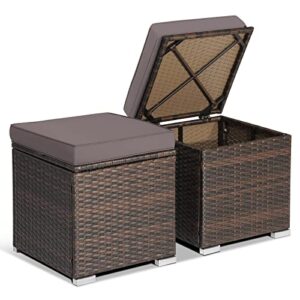 HAPPYGRILL 2 Piece Patio Ottoman Set Outdoor Wicker Stool with Storage, Rattan Footrest Ottoman with Solid Metal Frame and Cushion for Backyard Poolside Garden Balcony