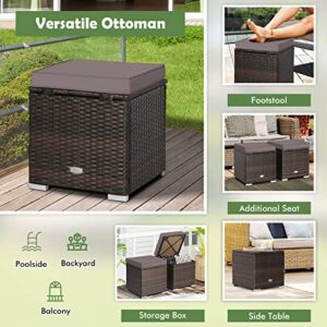 HAPPYGRILL 2 Piece Patio Ottoman Set Outdoor Wicker Stool with Storage, Rattan Footrest Ottoman with Solid Metal Frame and Cushion for Backyard Poolside Garden Balcony