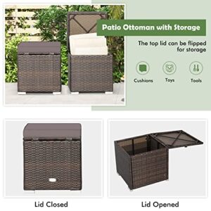 HAPPYGRILL 2 Piece Patio Ottoman Set Outdoor Wicker Stool with Storage, Rattan Footrest Ottoman with Solid Metal Frame and Cushion for Backyard Poolside Garden Balcony