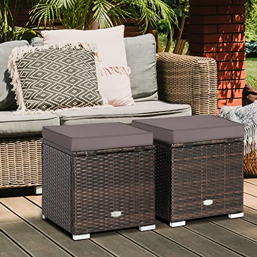 HAPPYGRILL 2 Piece Patio Ottoman Set Outdoor Wicker Stool with Storage, Rattan Footrest Ottoman with Solid Metal Frame and Cushion for Backyard Poolside Garden Balcony