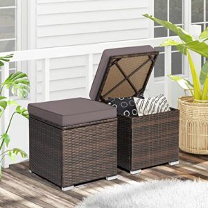 HAPPYGRILL 2 Piece Patio Ottoman Set Outdoor Wicker Stool with Storage, Rattan Footrest Ottoman with Solid Metal Frame and Cushion for Backyard Poolside Garden Balcony