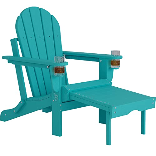 Sundale Outdoor Folding Heavy Duty Adirondack Chair with Footrest 2 Cup Holder on Armrest, Perfect for Outside Porch Patio Garden Pool Yard Turquoise