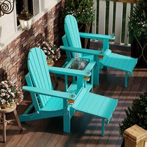 Sundale Outdoor Folding Heavy Duty Adirondack Chair with Footrest 2 Cup Holder on Armrest, Perfect for Outside Porch Patio Garden Pool Yard Turquoise