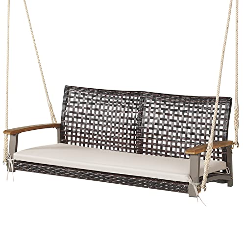 Happygrill 2-Seat Rattan Porch Swing Chair, Outdoor Wicker Swing Bench with Seat Cushion & Acacia Wood Armrests, Two 118” Hanging Ropes Included, Patio Hanging Swing Chair for Front Porch Backyard