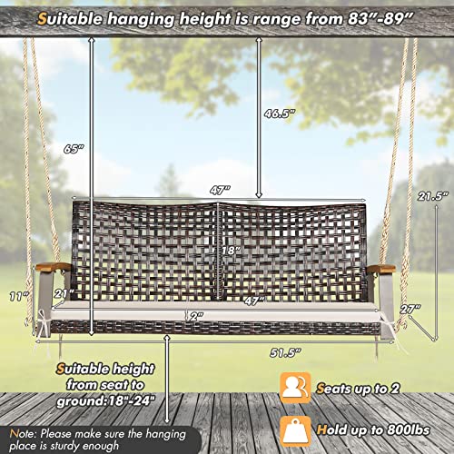 Happygrill 2-Seat Rattan Porch Swing Chair, Outdoor Wicker Swing Bench with Seat Cushion & Acacia Wood Armrests, Two 118” Hanging Ropes Included, Patio Hanging Swing Chair for Front Porch Backyard