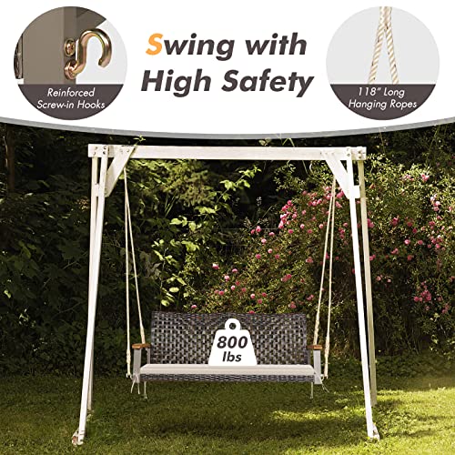 Happygrill 2-Seat Rattan Porch Swing Chair, Outdoor Wicker Swing Bench with Seat Cushion & Acacia Wood Armrests, Two 118” Hanging Ropes Included, Patio Hanging Swing Chair for Front Porch Backyard