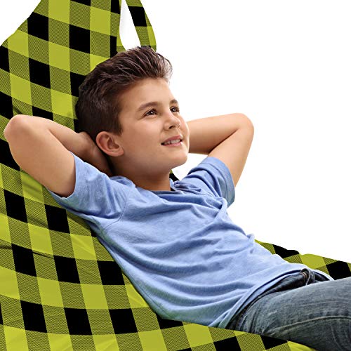 Lunarable Yellow Buffalo Check Lounger Chair Bag, Retro Art Rustic Image with Plaid Repetitive Squares, High Capacity Storage with Handle Container, Lounger Size, Apple Green Charcoal Grey