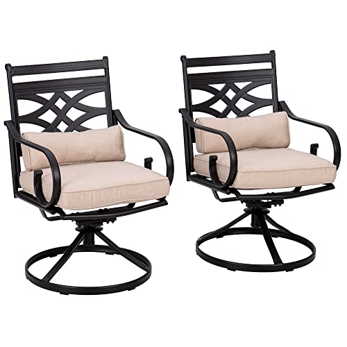 MFSTUDIO Patio Dining Chairs Set of 2,Heavy Duty Metal Outdoor Swivel Dining Chairs with Seat & Back Cushion (Color: Beige) Supports 300lbs for Lawn, Garden (Black Frame)