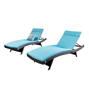 christopher knight home salem outdoor wicker adjustable chaise lounges with cushions, 2-pcs set, multibrown / blue