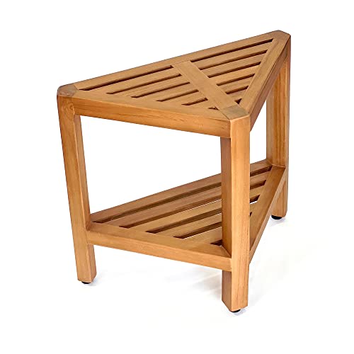 Asta Bora Solid Teak Indoor Outdoor Shower/Bath/Spa Corner Stool with Shelf, Fully Assembled, SpaTeak Collection, TB-009