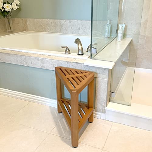 Asta Bora Solid Teak Indoor Outdoor Shower/Bath/Spa Corner Stool with Shelf, Fully Assembled, SpaTeak Collection, TB-009