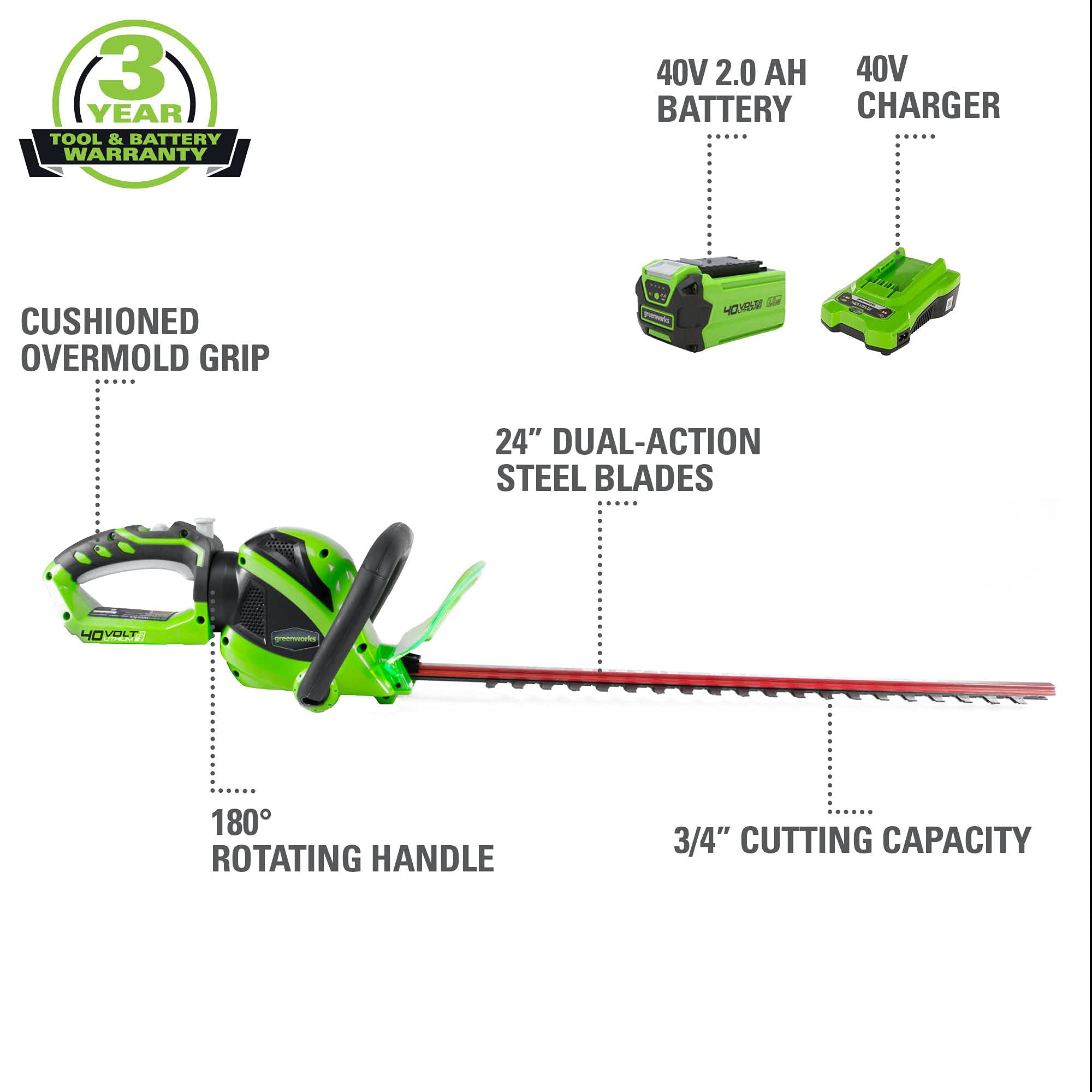 Greenworks 40V 24" Cordless Hedge Trimmer, 2.0Ah Battery and Charger Included