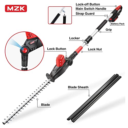 MZK 20V MAX 22.4-inch Cordless Pole Hedge Trimmer Attachment, 8-Feet Reach, Electric Hedge Trimmer with Extension Pole, Multi-Angle (Battery and Charger Included)