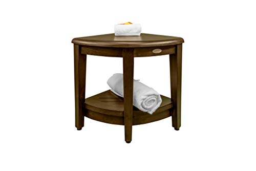 Decoteak Corner Shower Bench Teak Wood Corner Shower Stool with Shelf Extended Height SnazzyCorner Shower Foot Stool for Indoors and Outdoors - 23 inches Tall