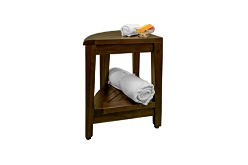 Decoteak Corner Shower Bench Teak Wood Corner Shower Stool with Shelf Extended Height SnazzyCorner Shower Foot Stool for Indoors and Outdoors - 23 inches Tall